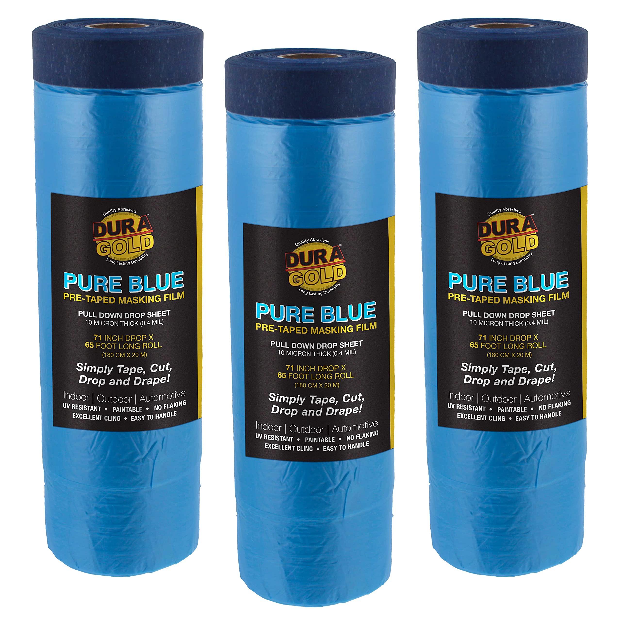 Dura-Gold 71" Wide x 65' Long Roll of Pure Blue Pre-Taped Masking Film, 3 Pack - Pre-Folded Overspray Paintable Plastic Protective Sheeting, Pull Down Drop Sheet - Auto Painting, Cover Walls Furniture