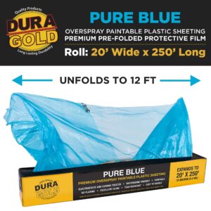 Dura-Gold 20' x 250' Roll of Pure Blue Premium Overspray Paintable Plastic Sheeting -10 Micron, 0.4 Mil, Protective Masking Film Cover - Auto Car Painting, Bodyshop Repair, Household Cloth, Weather