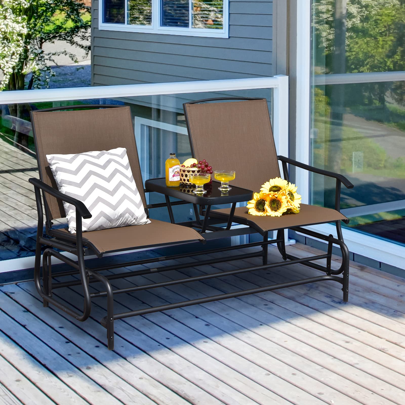 Giantex Patio Bench Glider Chair with Metal Frame, Center Tempered Glass Table, Outside Double Rocking Swing Loveseat for Porch, Garden, Poolside, Balcony, Lawn Rocker Outdoor Glider Bench(Brown)