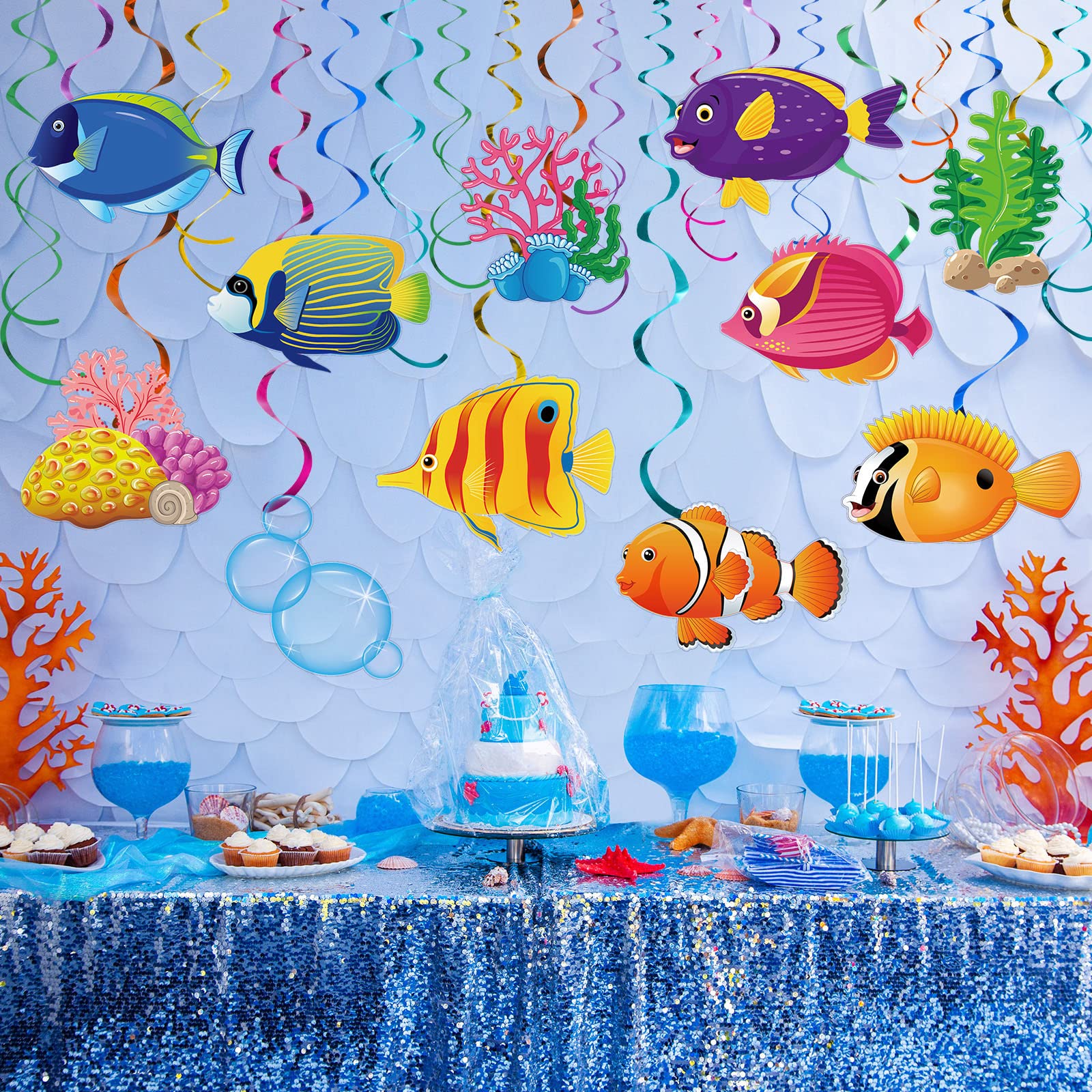 30 Pcs Tropical Fish Hanging Swirls Under The Sea Party Decorations Ceiling Decor Ocean Themed Party Mermaid Creatures Beach Party Supplies Under The Sea Decor(Fish Style)