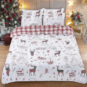 lyacmy christmas duvet cover set twin reindeer comforter cover set 2 pcs christmas tree bedding cover white and red grid quilt cover with zipper closure(1 duvet cover, 1 pillow shams)