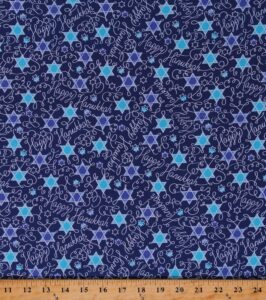 cotton hanukkah jewish holiday christmas candlestick presents festival of lights one of a kind blue cotton fabric print by the yard (d406.39)