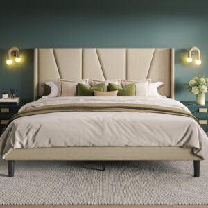 allewie queen size platform bed frame with geometric wingback headboard, modern upholstered bed with wooden slats support, no box spring needed, easy assembly, beige