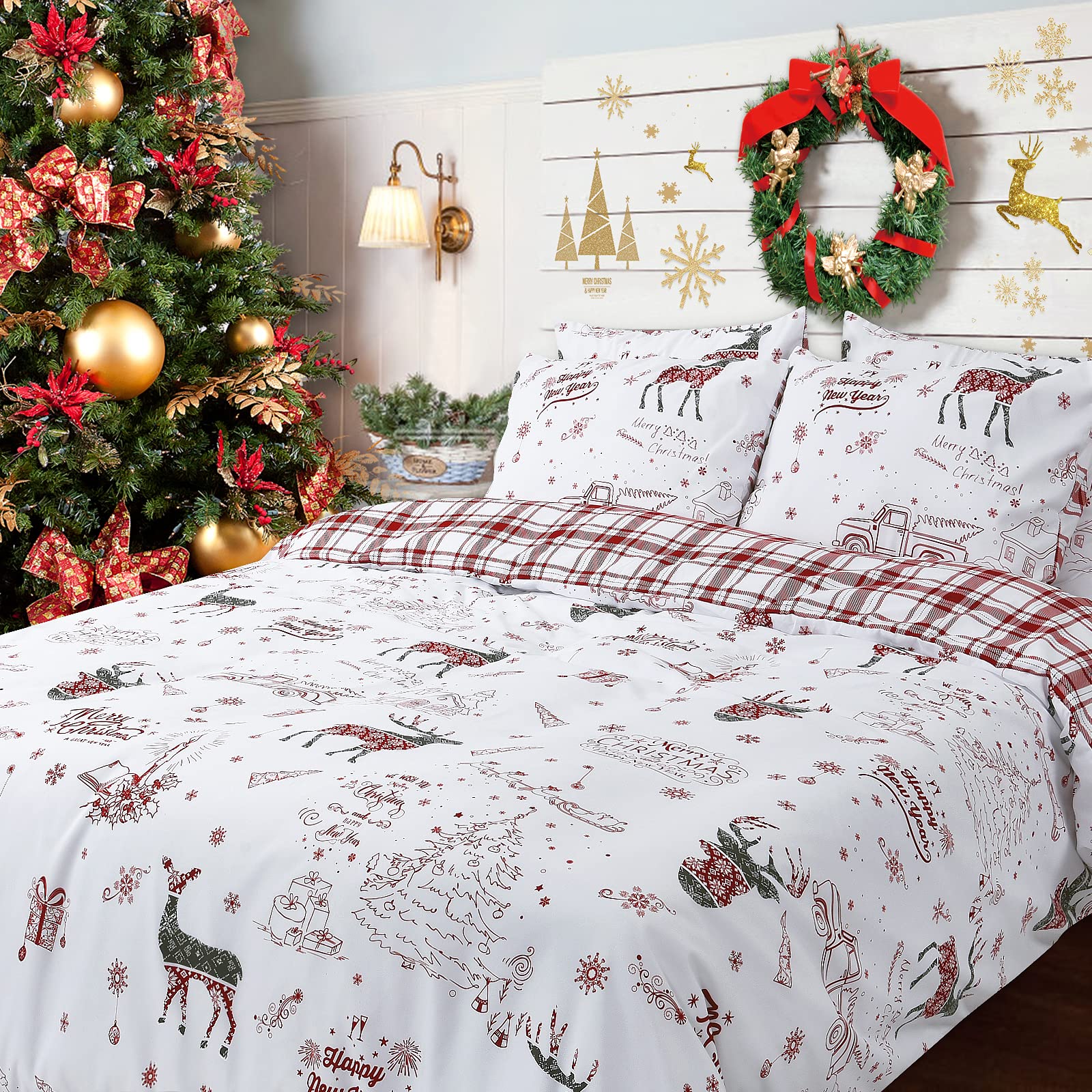 Lyacmy Christmas Duvet Cover Set Twin Reindeer Comforter Cover Set 2 Pcs Christmas Tree Bedding Cover White and Red Grid Quilt Cover with Zipper Closure(1 Duvet Cover, 1 Pillow Shams)