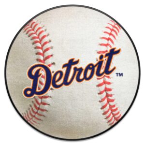 fanmats 31403 detroit tigers baseball shaped accent rug - 27in. diameter - detroit script alternate logo