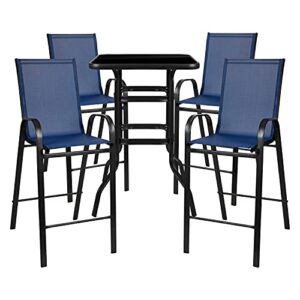 flash furniture brazos bar table set - 5 piece glass brazos bar table with 4 navy patio bar stools - brazos outdoor chairs