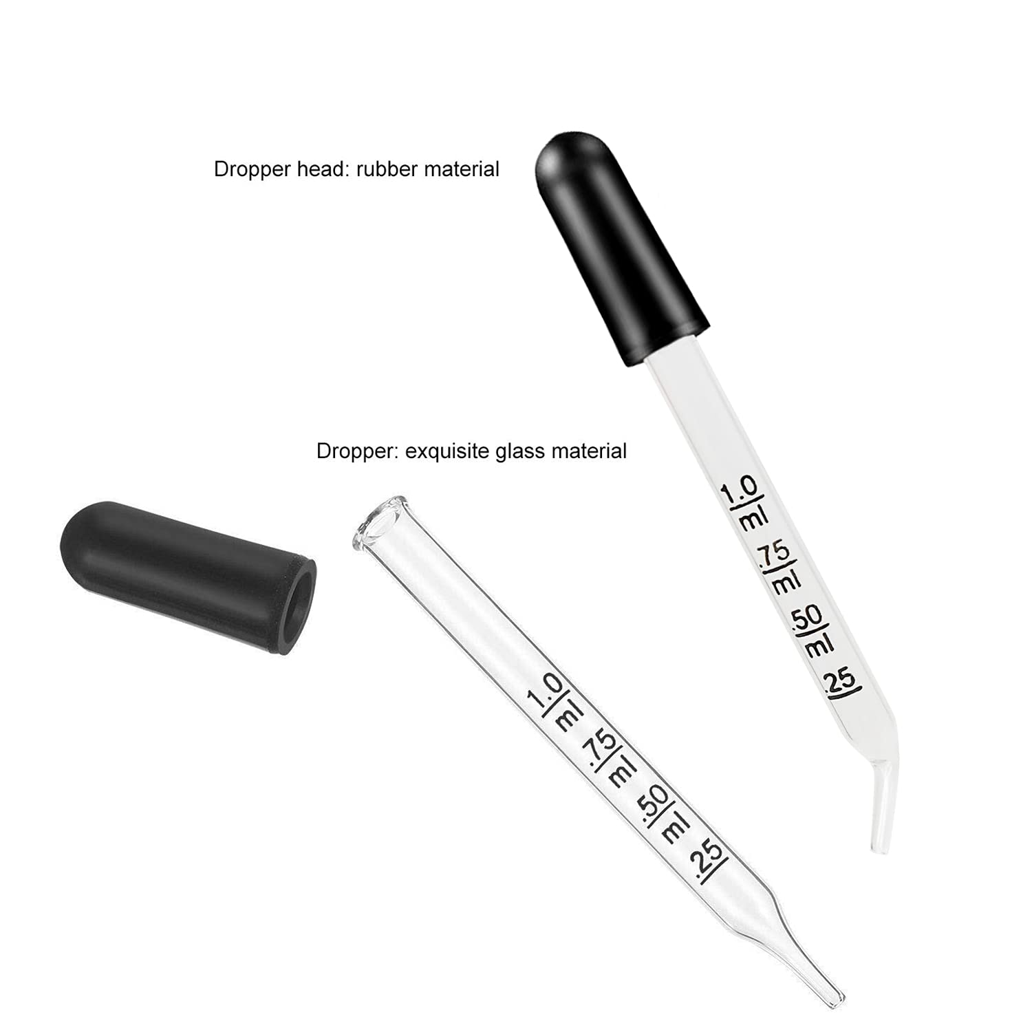 20pcs 1ml Glass Liquid Droppers, Essential Oils Eye Dropper Pipettes with Black Suction Bulb, for Makeup Art Liquid Plant Nutrients, Straight Tip and Bent Tip 2 Style