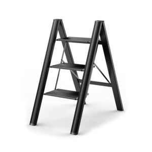 comft 3 step ladder, aluminum sturdy lightweight, widened pedal, non-slip foot pad, multi-functional foldable space saving for home and kitchen (330lb) (black)