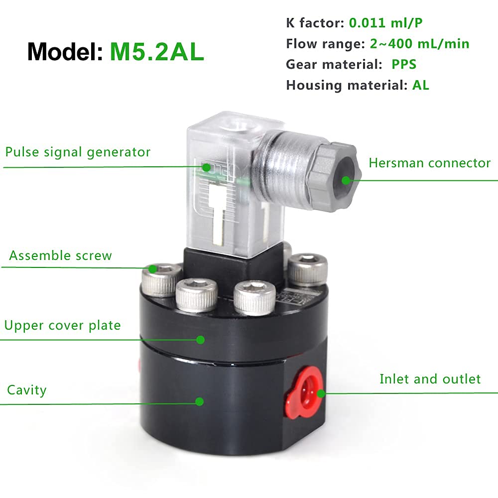 CIXIFM Petrol Kerosene Diesel Fuel Injector Flow Meter Micro Flow Meter Liquid Flow Meter Oil Flow Meters Oval Gear Flow Meter Low Flow Sensor 0.11 ml/P 2~400 mL/min -40~80℃ 32Bar (M5.2AL)