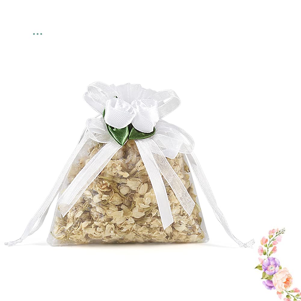 HRX Package White Rose Organza Bags 50pcs, 4 x 4.7 inch Small Mesh Drawstring Gift Bags Jewelry Pouches for Wedding Favor Christmas Candy