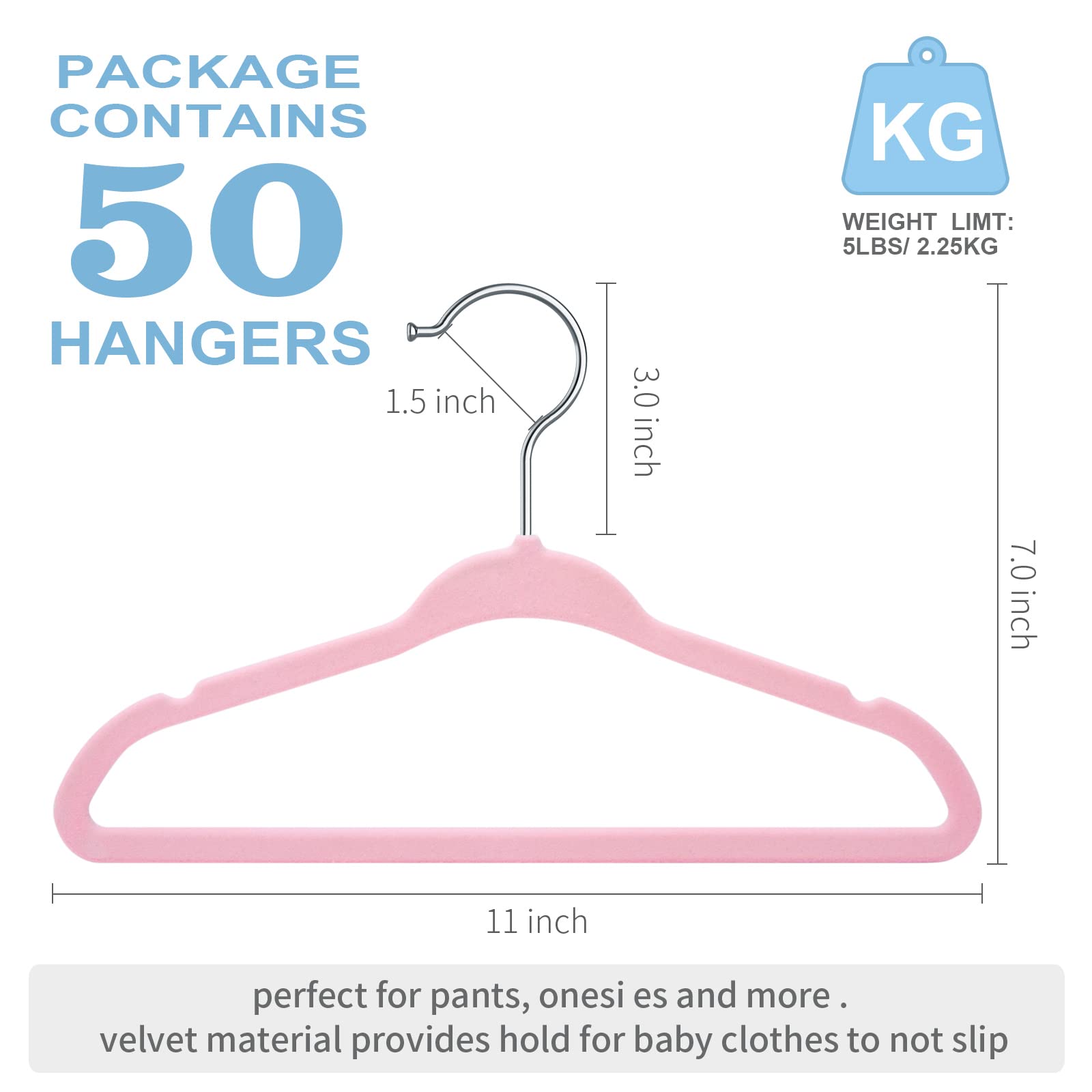 MOERKADA Baby Velvet Hangers 50pack-11“Inch Non Slip Kids Hangers for Infant/Toddler Pink Hangers