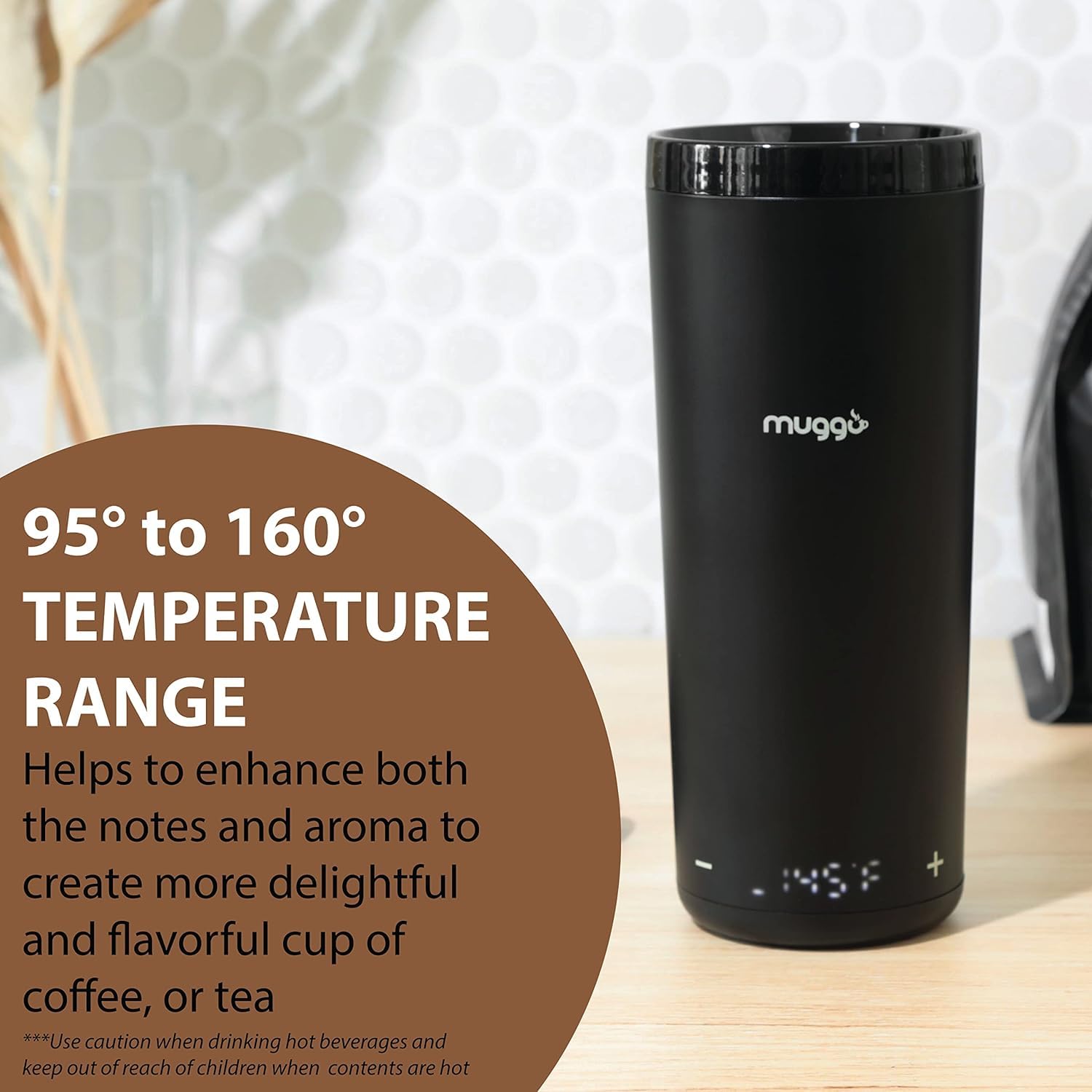 Muggo 12 oz Self-Heating Coffee Mug with 3 Hour Battery Life, Tea, Coffee, & Hot Beverage Warmer, Heated Travel Mug(L)