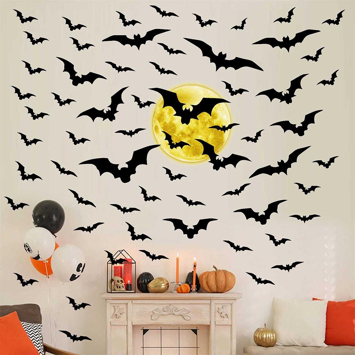 Halloween Moon Wall Decal Halloween Bat Wall Stickers Vinyl Bat Wall Decals Removable Halloween Wall Sticker Halloween Bats Wall Decals Party Decorations