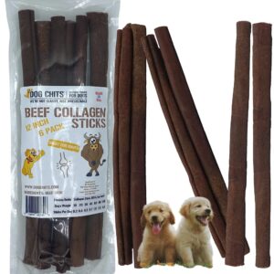 dog chits beef collagen sticks for dogs and puppies | 12 inch | naturally loaded w/collagen | amazing for joints and skin | odor free | all natural | long lasting chew | grass fed beef | 6 pack