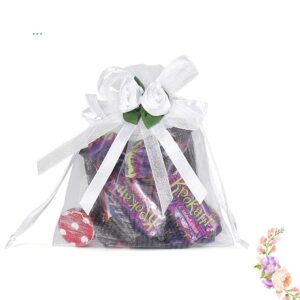 HRX Package White Rose Organza Bags 50pcs, 4 x 4.7 inch Small Mesh Drawstring Gift Bags Jewelry Pouches for Wedding Favor Christmas Candy