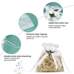 HRX Package White Rose Organza Bags 50pcs, 4 x 4.7 inch Small Mesh Drawstring Gift Bags Jewelry Pouches for Wedding Favor Christmas Candy