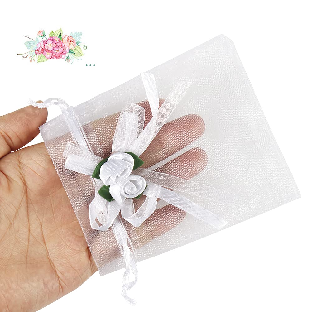 HRX Package White Rose Organza Bags 50pcs, 4 x 4.7 inch Small Mesh Drawstring Gift Bags Jewelry Pouches for Wedding Favor Christmas Candy