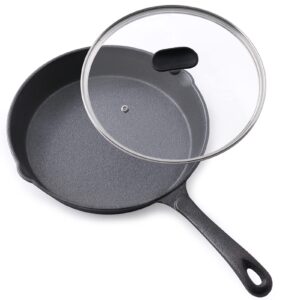 meigui nonstick frying pan skillet, 10 inch premium cast iron skillet with lid, pre-seasoned like surface for cookware oven/broiler/grill safe, kitchen deep fryer, restaurant chef quality