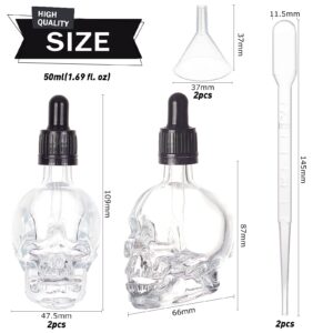 BENECREAT 2Pcs 1.69oz Skull Glass Dropper Bottles Empty Clear Dropper Bottle with 2pcs Hopper and 2pcs 1ml Pipettes for Terror Halloween Decoration, Flavor and Oil Dispenser