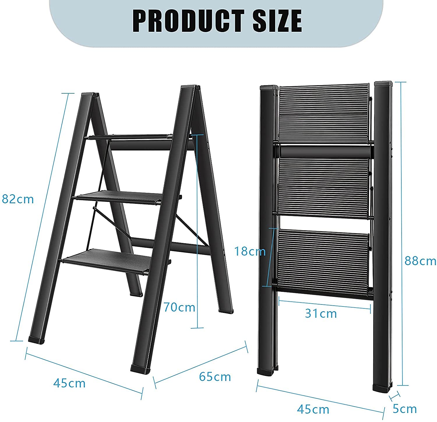 Comft 3 Step Ladder, Aluminum Sturdy Lightweight, Widened Pedal, Non-Slip Foot Pad, Multi-Functional Foldable Space Saving for Home and Kitchen (330LB) (Black)