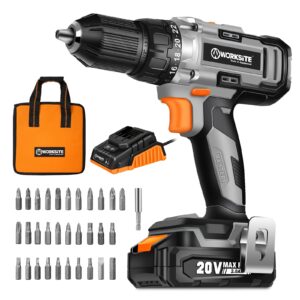 worksite cordless drill/driver set with 1/2" metal chuck, power drill kit with 442 in-lb torque, 2-speed transmission, 2.0a battery, fast charger and 40pcs accessories