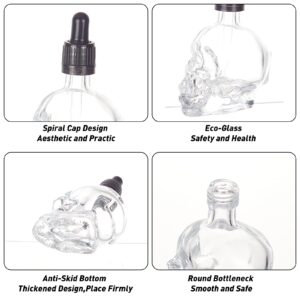 BENECREAT 2Pcs 1.69oz Skull Glass Dropper Bottles Empty Clear Dropper Bottle with 2pcs Hopper and 2pcs 1ml Pipettes for Terror Halloween Decoration, Flavor and Oil Dispenser