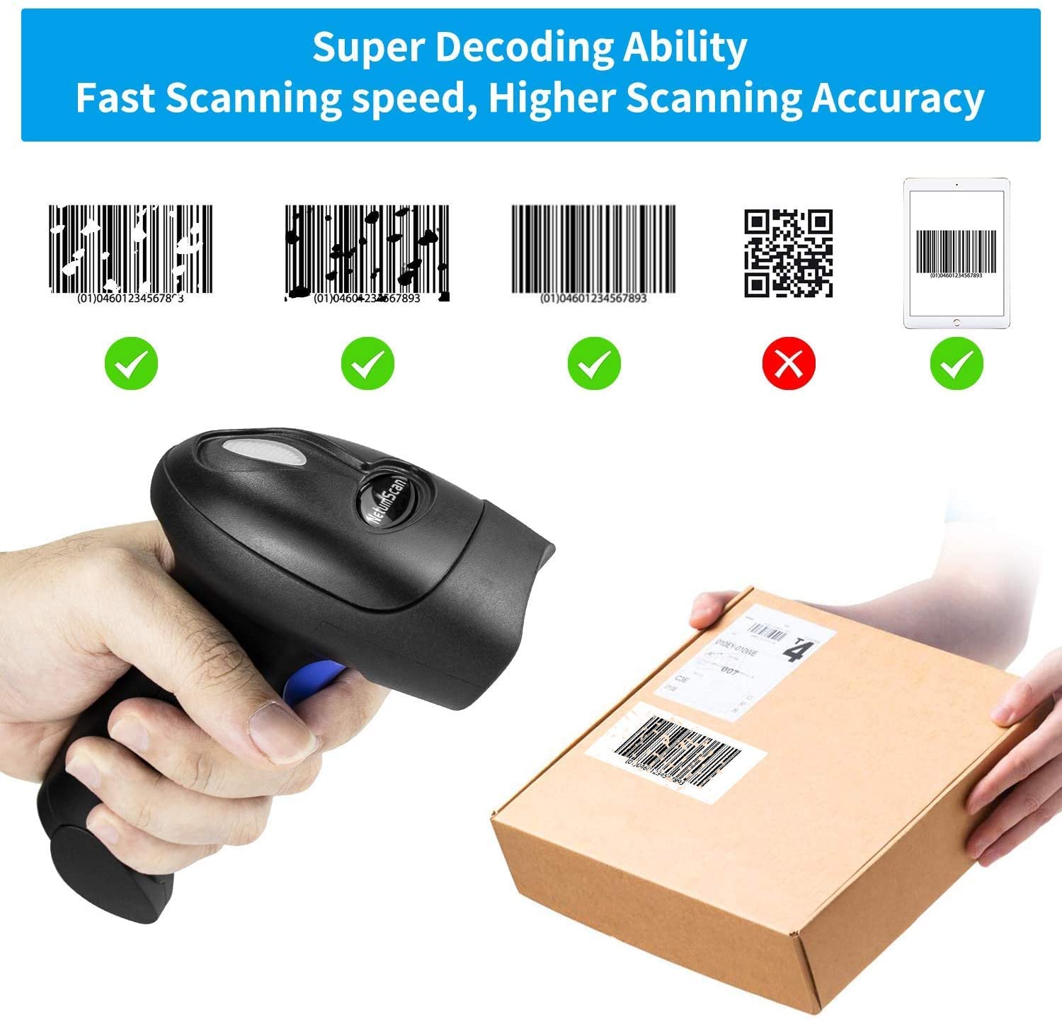 NetumScan Bluetooth Barcode Scanner with Stand, 3-in-1 Handheld Automatic 1D Barcode Reader CCD Bar Code Scanner for Computer, Tablet, iPhone, iPad, Android (Bluetooth)