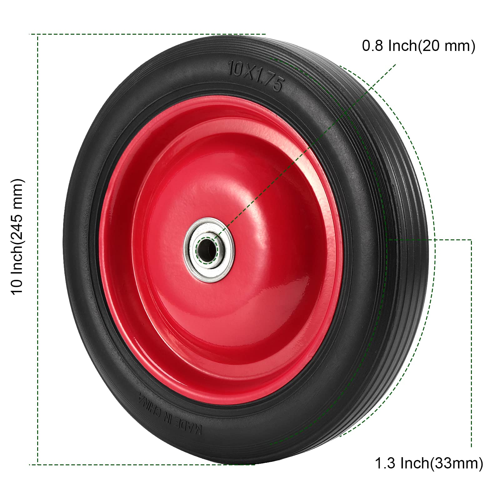 PINGEUI 2 PCS 10 Inches Semi-Pneumatic Rubber Tire, Flat Free Solid Rubber Tires, Garden Cart Replacement Wheels, 1/2-Inch Axle Hole, 265 lbs Max Load-Bearing Capacity