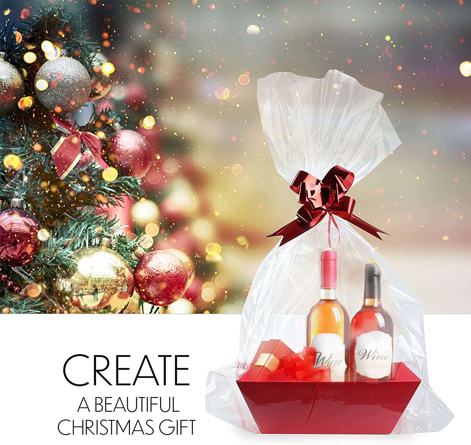 Upper Midland Products [5 Pk] Red Baskets for Gifts Empty| 8x10” Gift Basket Kit with Basket Bags, Red Pull Bows| Wine, DIY Basket Gift Set| Christmas,Valentines,Friendship| Gift to Impress