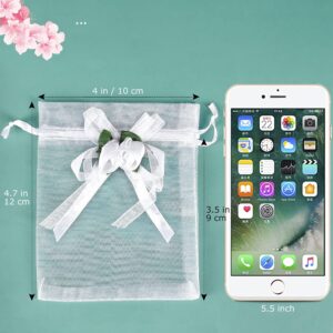 HRX Package White Rose Organza Bags 50pcs, 4 x 4.7 inch Small Mesh Drawstring Gift Bags Jewelry Pouches for Wedding Favor Christmas Candy