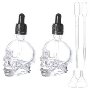 benecreat 2pcs 1.69oz skull glass dropper bottles empty clear dropper bottle with 2pcs hopper and 2pcs 1ml pipettes for terror halloween decoration, flavor and oil dispenser