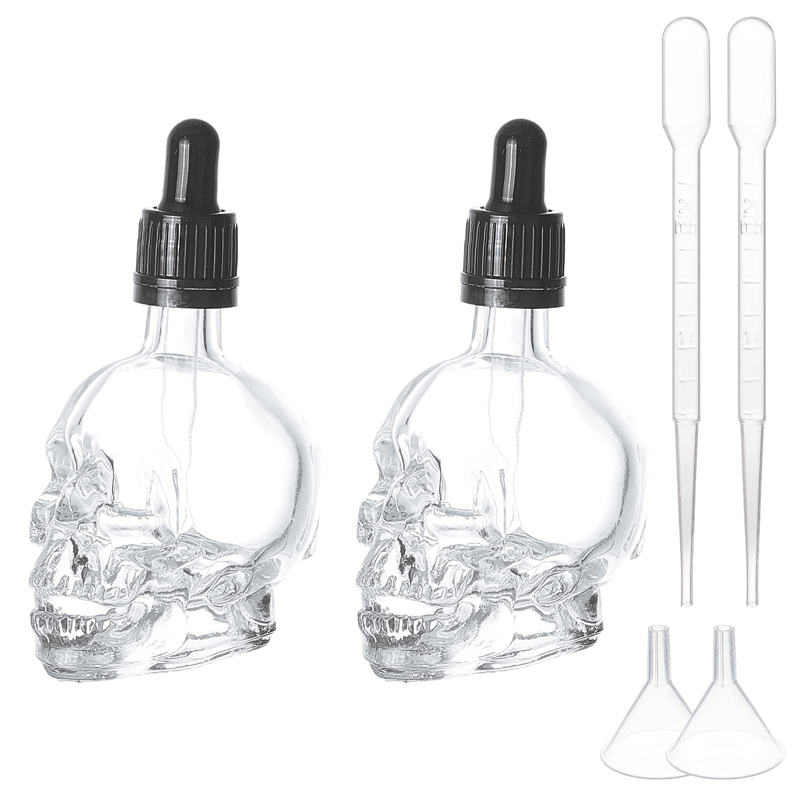 BENECREAT 2Pcs 1.69oz Skull Glass Dropper Bottles Empty Clear Dropper Bottle with 2pcs Hopper and 2pcs 1ml Pipettes for Terror Halloween Decoration, Flavor and Oil Dispenser