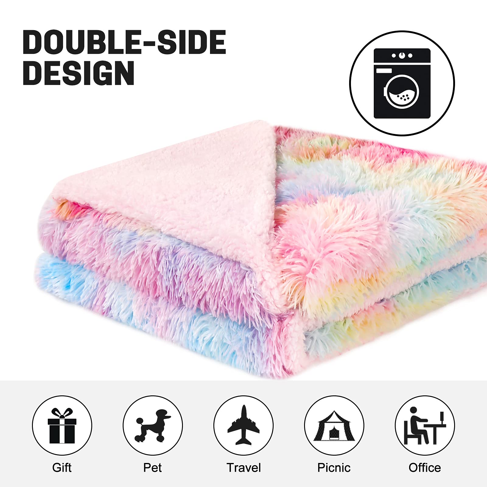 STFLY Faux Fur Throw Blanket, Decorative Luxury Tie Dye Rainbow Throw Blanket for Sofa Bed Couch, Shaggy Soft and Warm Blanket Cozy Plush Throws Queen Size for Autumn＆Winter, Girls