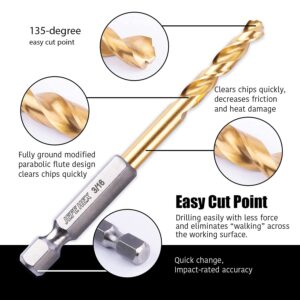 JEFE HEX 6-Piece 3/16" Twist Drill Bits HSS Hex Shank Drill Bit, 135 Degree Easy Cut Split Point for Drilling in Steel, Copper, Aluminum, Zinc Alloy, Wood, Plastic, Quick Change Design.