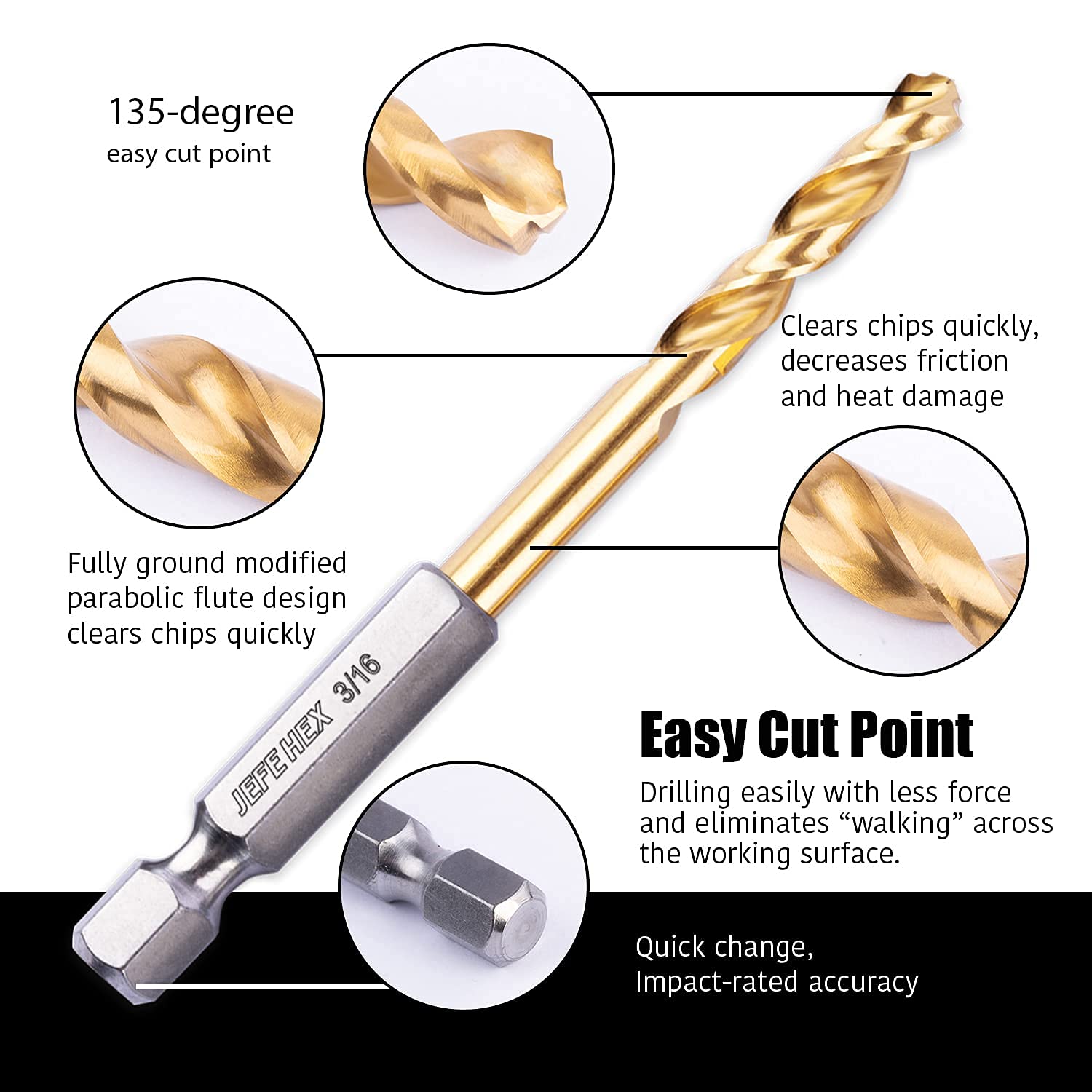 JEFE HEX 6-Piece 3/16" Twist Drill Bits HSS Hex Shank Drill Bit, 135 Degree Easy Cut Split Point for Drilling in Steel, Copper, Aluminum, Zinc Alloy, Wood, Plastic, Quick Change Design.