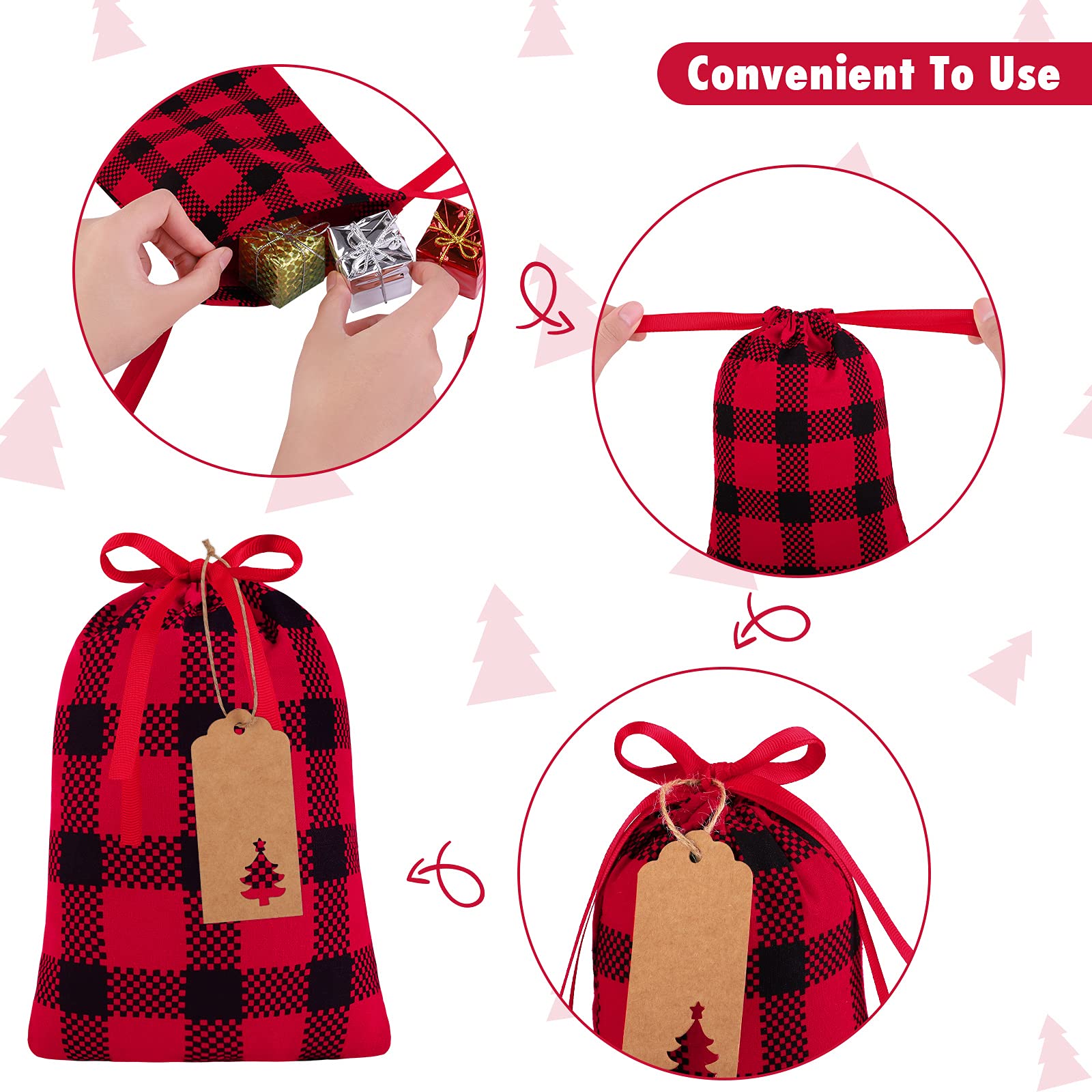 Aneco 24 Pack Mini Christmas Cotton Present Gift Bags Buffalo Plaid Drawstring Gift Bags Santa's Red and Black Plaid String Bags for Xmas Games Party Supplies, Candies Snacks, Mini Size 7.9 x 5.9 Inch