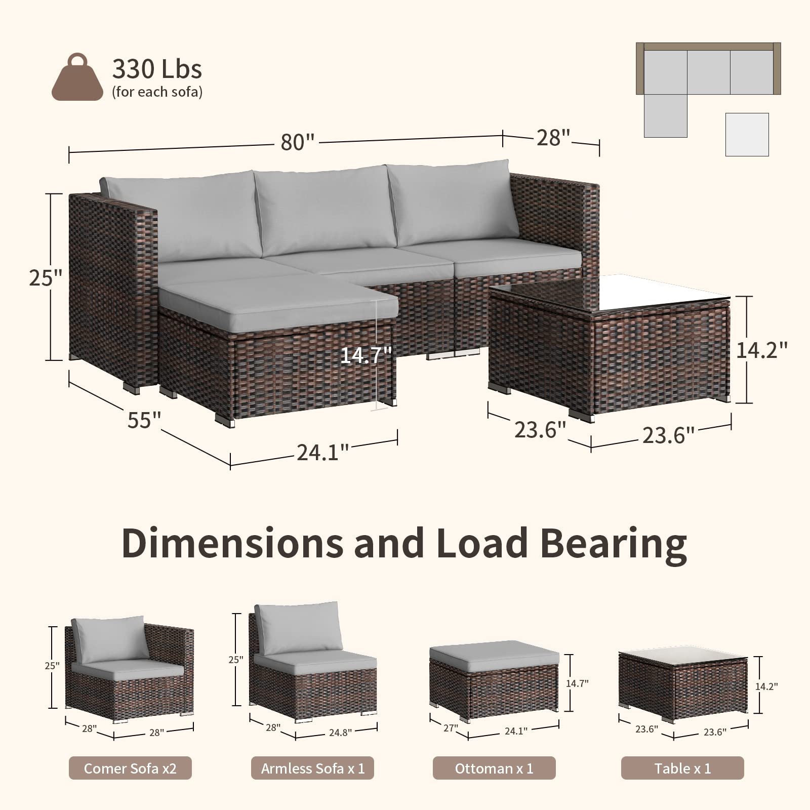 Qsun Outdoor Patio Sofa Set PE Wicker Rattan Sectional Conversation Sofa with a Glass Coffee Table for Backyard Porch Poolside Patio(Brown Rattan, Grey Cushion)