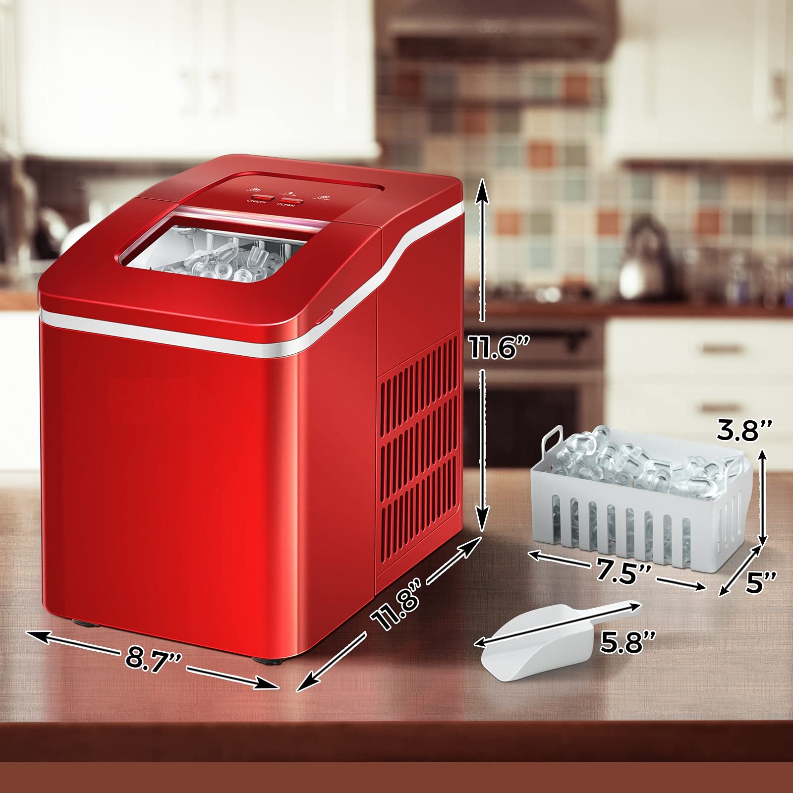 MAT Expert Countertop Nugget Ice Maker, 26LBS/24H, 9 Cubes in 8 Min, Bullet-Shaped Ice Makers, 1.6L Water Tank & 1.6L Bucket, Scoop, Self-Clean Compact Tabletop Ice Maker for Home/Bar/Office (Red)