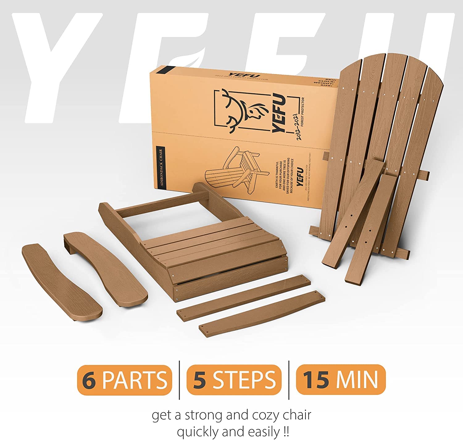 YEFU Plastic Adirondack Chairs Weather Resistant, Patio Chairs 5 Steps Easy Installation, Looks Exactly Like Real Wood, Widely Used in Outdoor, Fire Pit, Deck, Lawn, Outside, Garden Chairs (Teak)