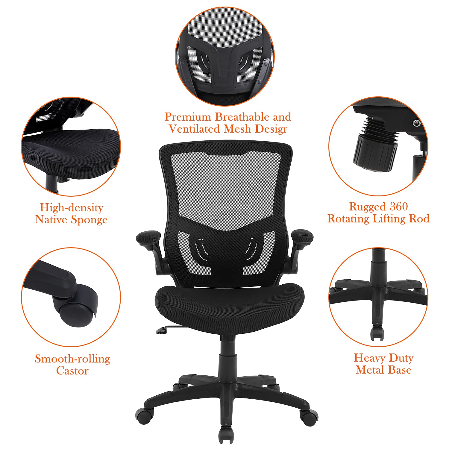 Home Office Chair Ergonomic Desk Chair,Mesh Computer Chair with Flip Up Arms,Adjustable Lumbar Support Swivel Rolling Executive Mid Back,Modern Task Chair for Adult Conference Room,Black