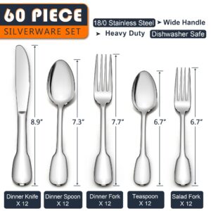 HaWare 60-Piece Silverware Set, Stainless Steel Flatware Service for 12, Fancy Cutlery Tableware with wide handle, Includes Dinner Knives Forks Spoons, Mirror Polished Eating Utensils, Dishwasher Safe