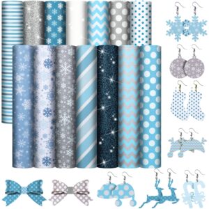 14 pieces christmas winter leather sheets glitter faux leather fabric snowflake snowman printed leather fabric for bow earring making diy craft, 8.3 x 6.3 inch (multiple style)