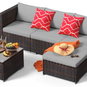 Qsun Outdoor Patio Sofa Set PE Wicker Rattan Sectional Conversation Sofa with a Glass Coffee Table for Backyard Porch Poolside Patio(Brown Rattan, Grey Cushion)