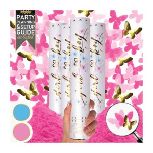 gender reveal confetti cannon 4 pack (4 pink) | butterfly confetti popper and powder gender reveal smoke bombs | baby gender reveal ideas, party celebration firework boy and girl color sparkler stick