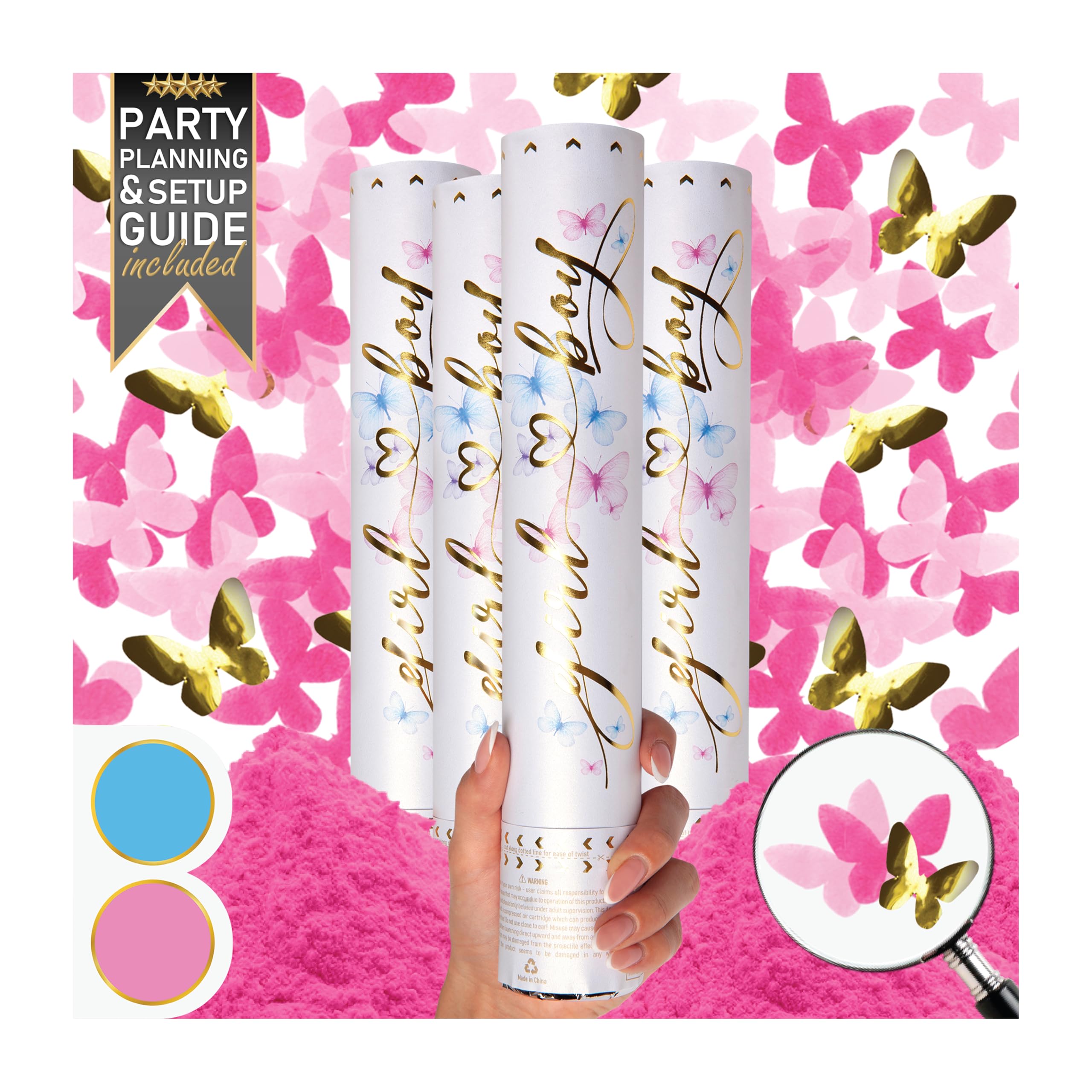 Gender Reveal Confetti Cannon 4 Pack (4 Pink) | Butterfly Confetti Popper and Powder Gender Reveal Smoke Bombs | Baby Gender Reveal Ideas, Party Celebration Firework Boy and Girl Color Sparkler Stick