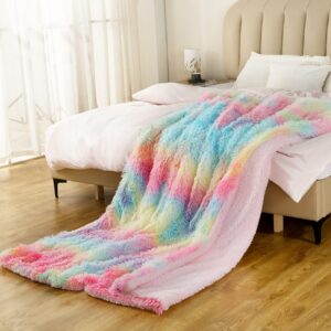 STFLY Faux Fur Throw Blanket, Decorative Luxury Tie Dye Rainbow Throw Blanket for Sofa Bed Couch, Shaggy Soft and Warm Blanket Cozy Plush Throws Queen Size for Autumn＆Winter, Girls