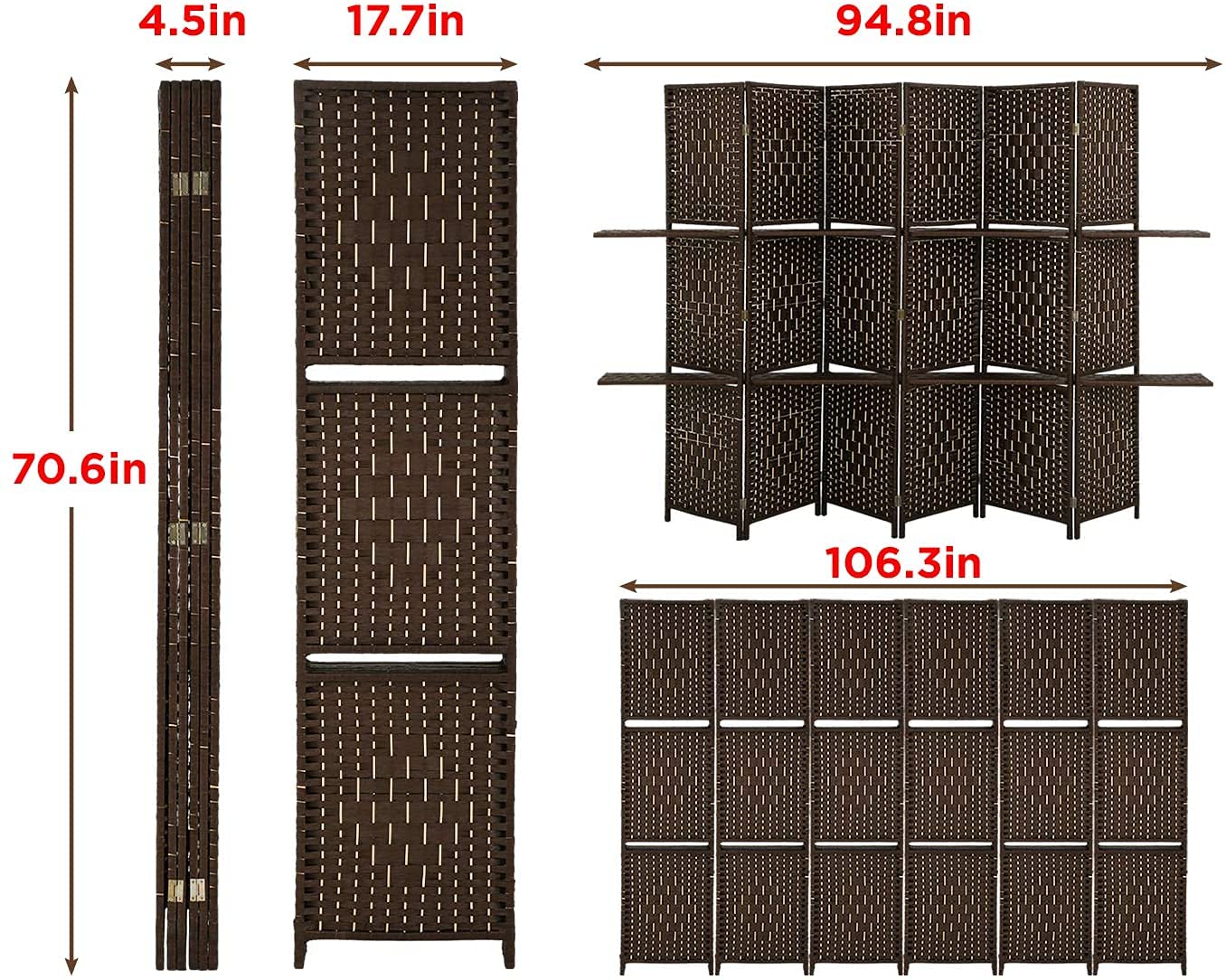 6-Panel Room Divider and Folding Privacy Screen with Display Shelves 6 Ft Wood, Decorative Screen Freestanding Office Temporary Wall Divider Diamond Room Partition, Brown