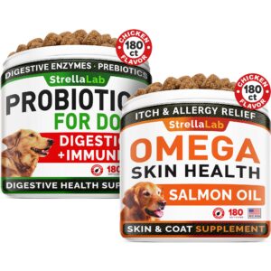 dog probiotics treats for picky eaters bundle + fish oil omega 3 treats for dogs - allergy relief, joint health, itch relief. skin & coat supplement + enzymes + prebiotics for digestion support