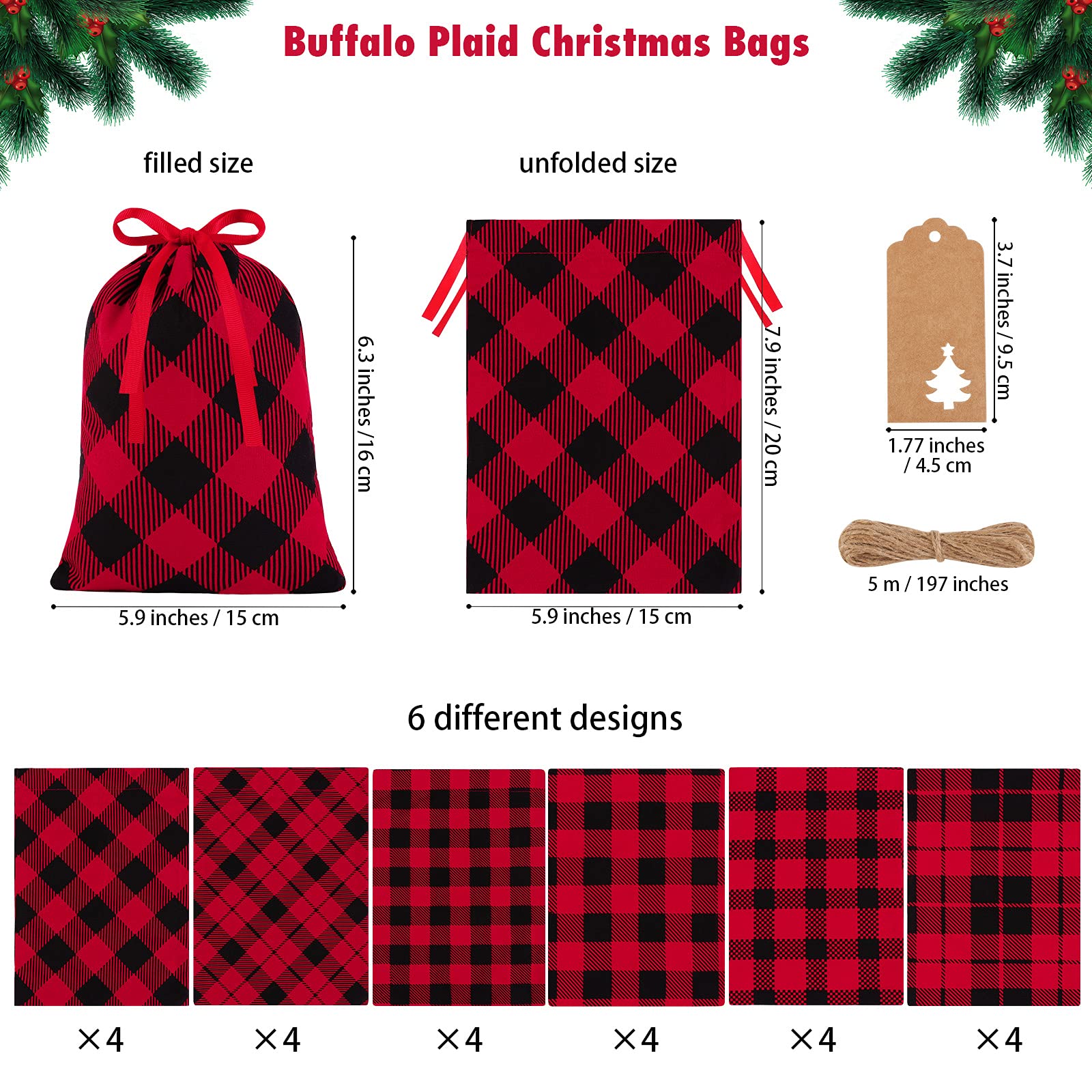 Aneco 24 Pack Mini Christmas Cotton Present Gift Bags Buffalo Plaid Drawstring Gift Bags Santa's Red and Black Plaid String Bags for Xmas Games Party Supplies, Candies Snacks, Mini Size 7.9 x 5.9 Inch