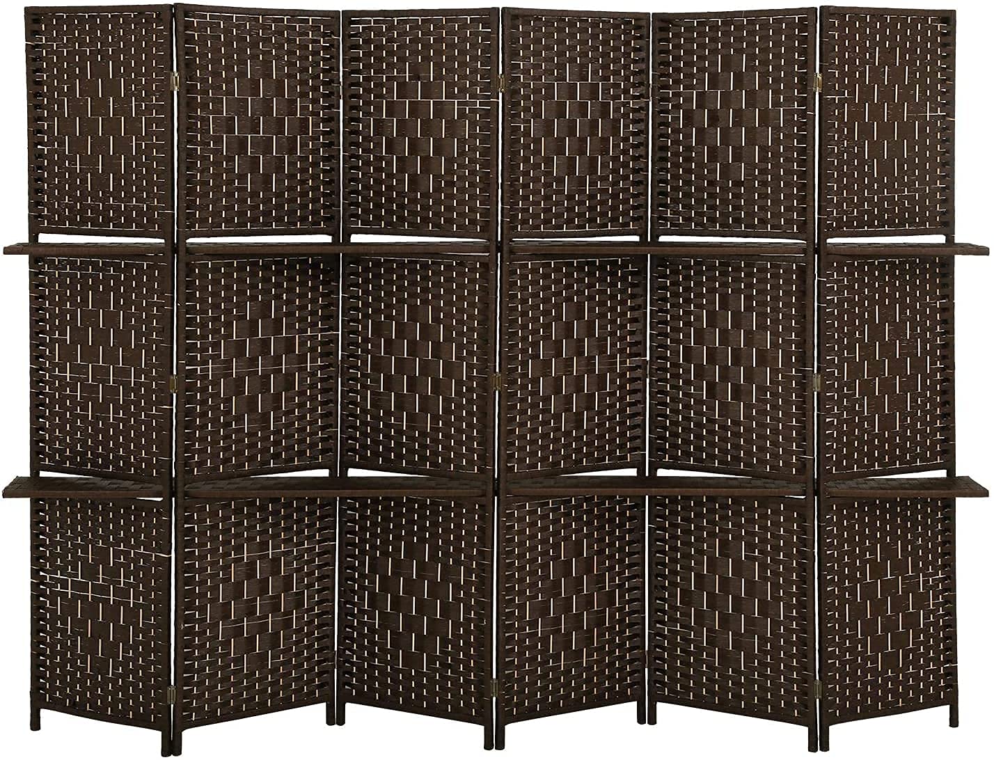 6-Panel Room Divider and Folding Privacy Screen with Display Shelves 6 Ft Wood, Decorative Screen Freestanding Office Temporary Wall Divider Diamond Room Partition, Brown